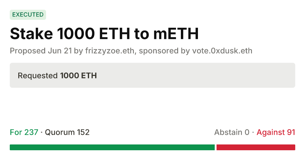 Stake 1000 ETH to mETH (Prop 818) - Nouns Camp